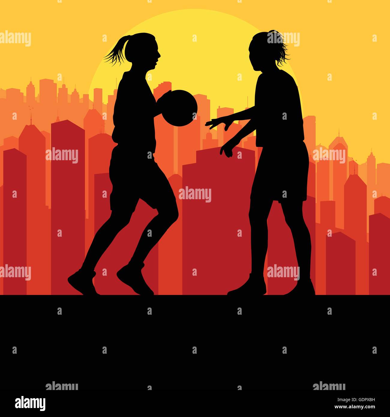 Women basketball in front of city sunset vector background Stock Vector ...