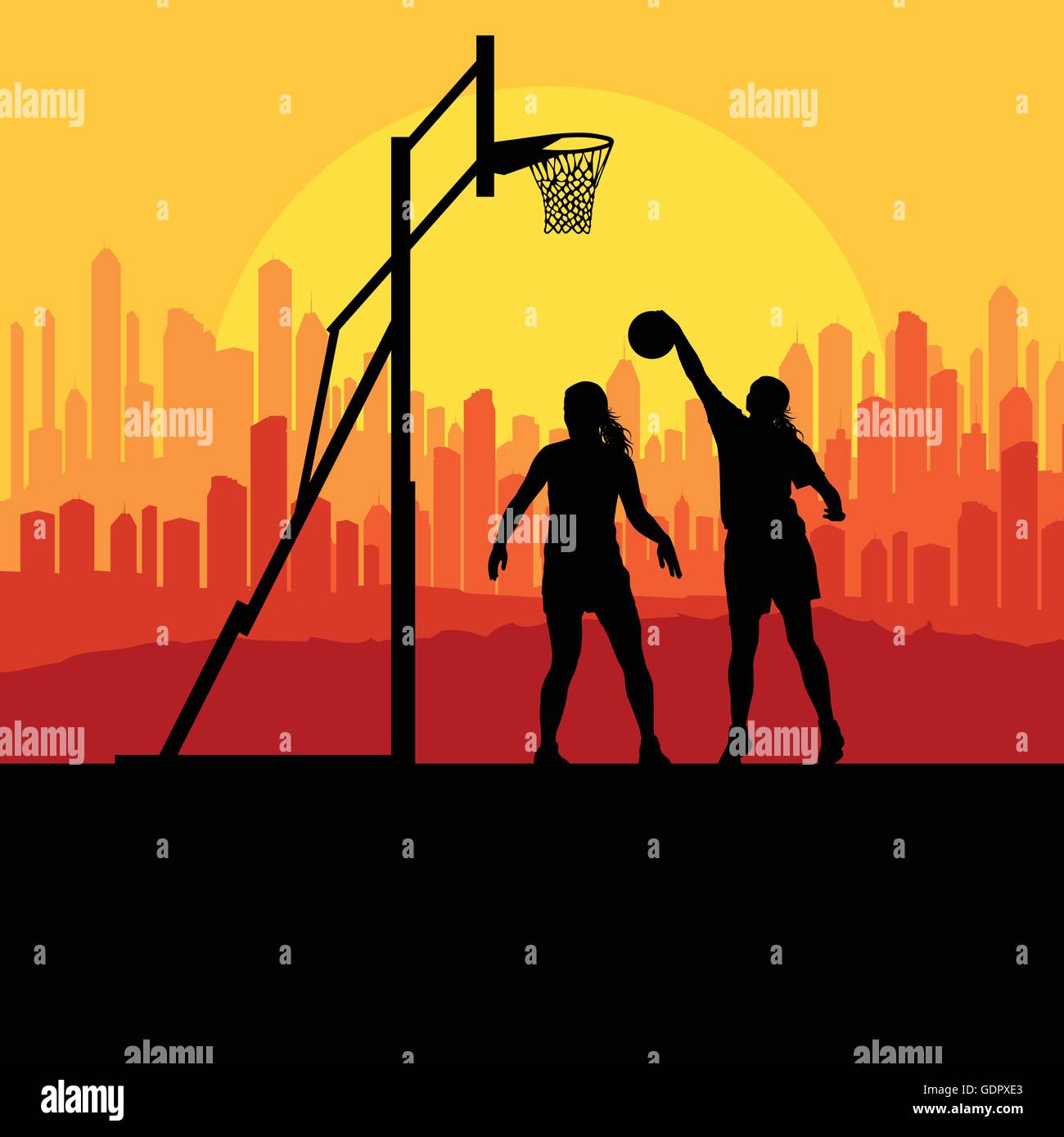 Basketball player in front of city sunset vector background concept for ...