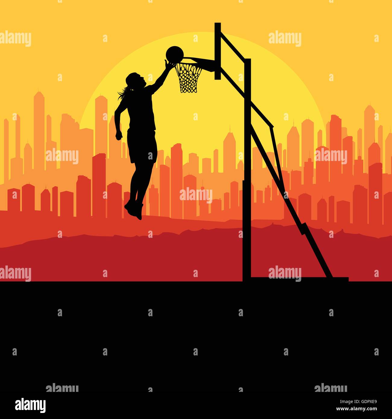 Basketball player in front of city sunset vector background concept for ...
