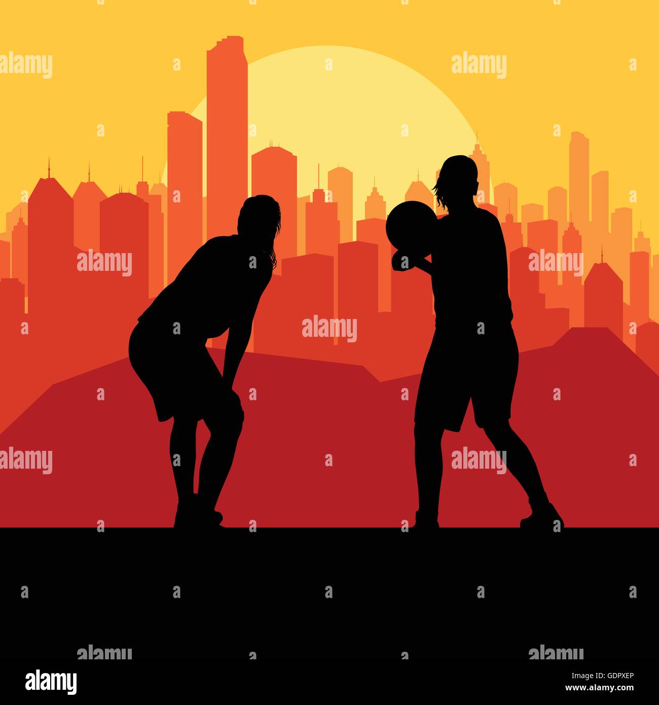 Men basketball in front of city sunset vector background Stock Vector ...