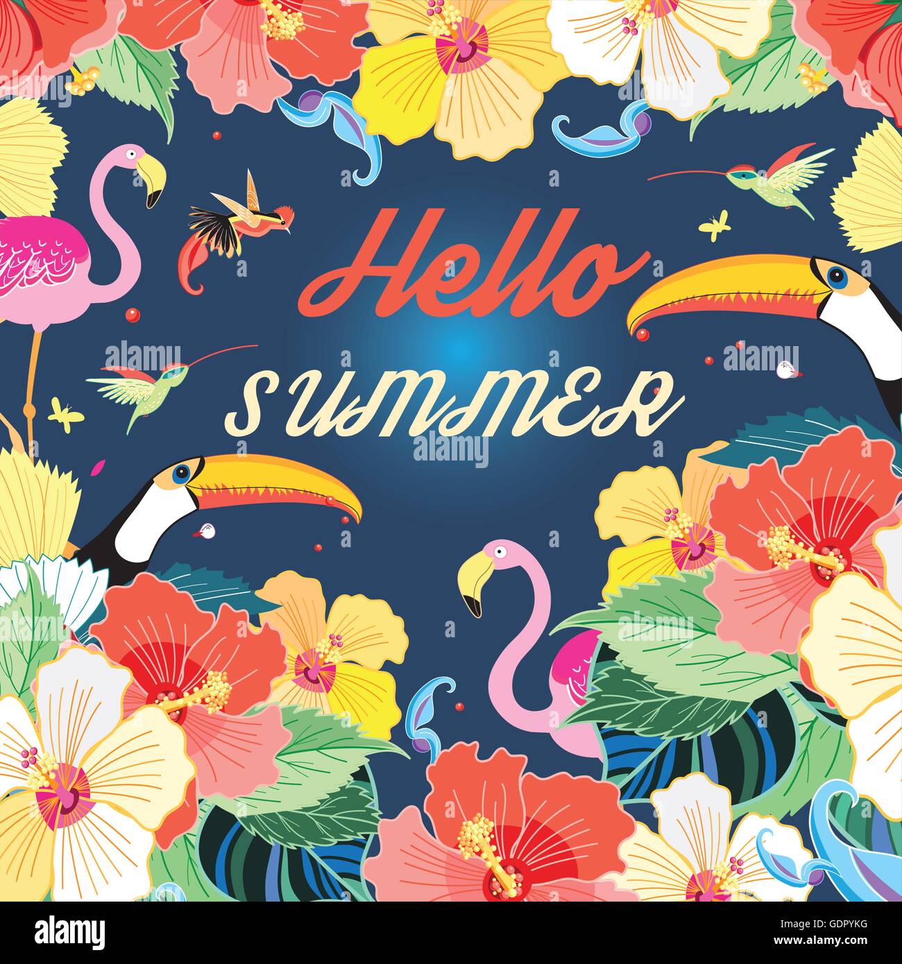 Bright summer background with flowers and exotic birds Stock Vector ...