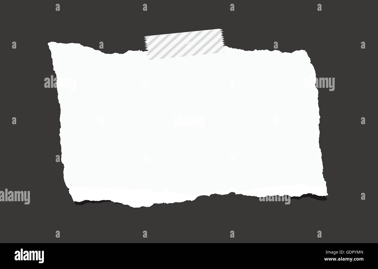 White ripped blank note paper are stuck with sticky tape on black ...