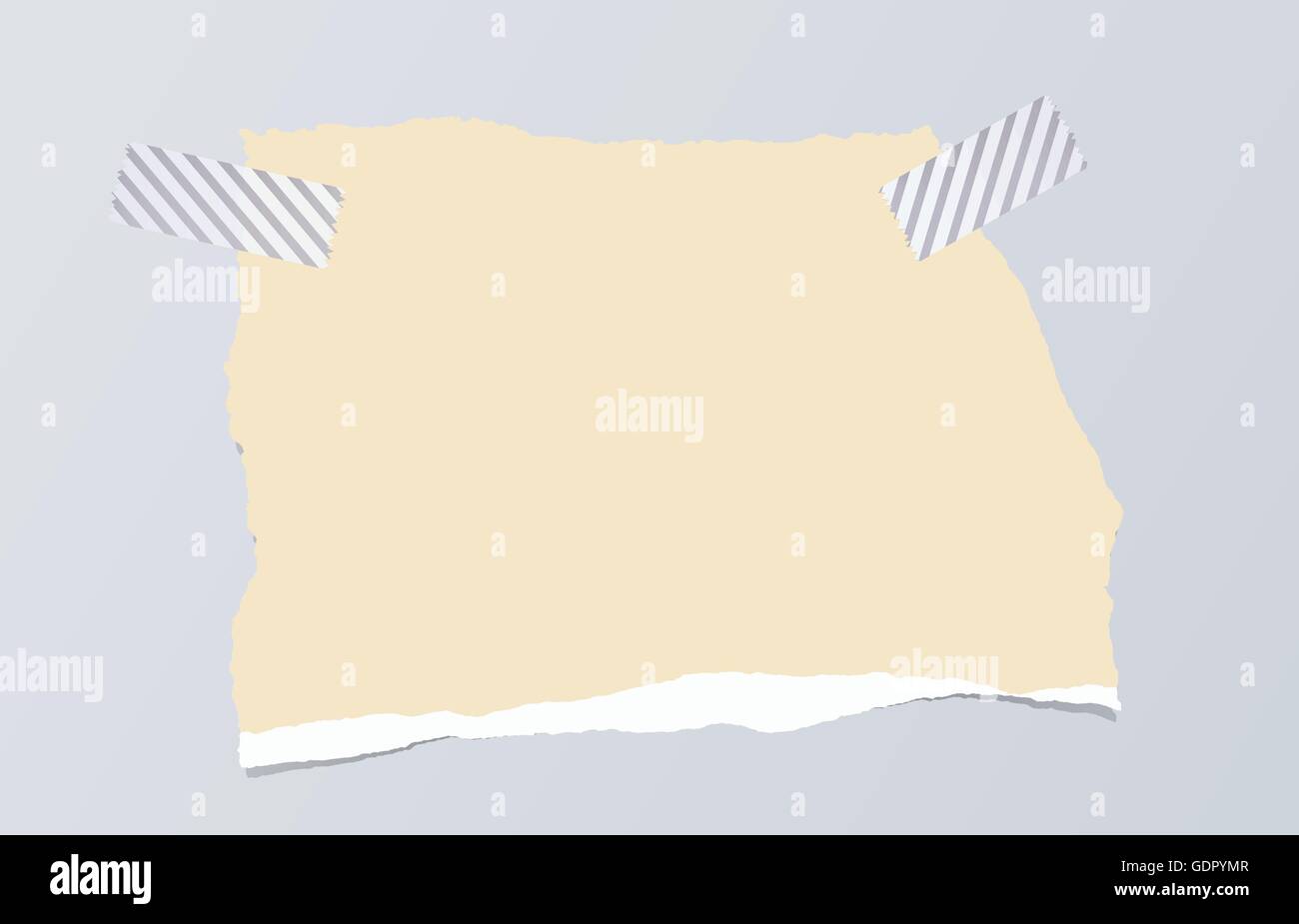 Brown ripped blank note paper are stuck with sticky tape on gray ...