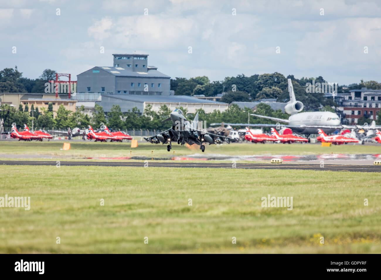 RAF Typhoon plane taking off at Farnborough Airport in Hampshire with ...