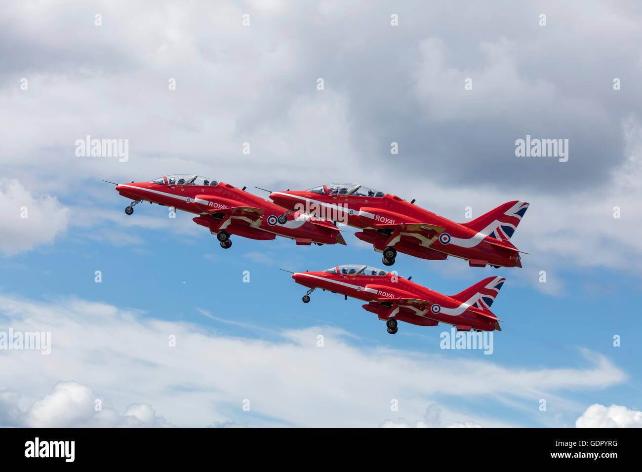 Three RAF Red Arrows Hawk Jets in the sky shortly after take off Stock ...