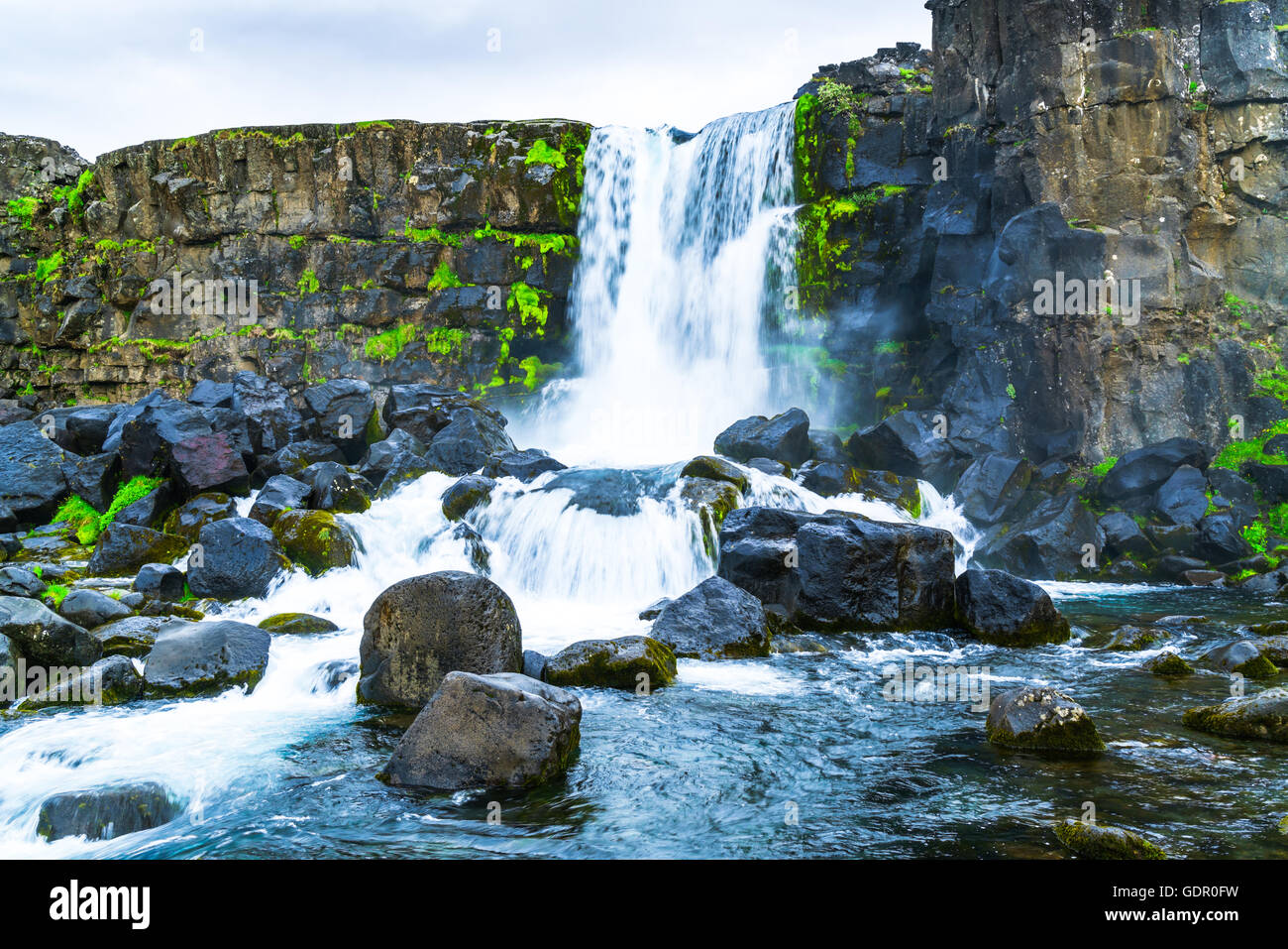 Oxararfoss waterfall at Thingvellir National park in Iceland Stock ...