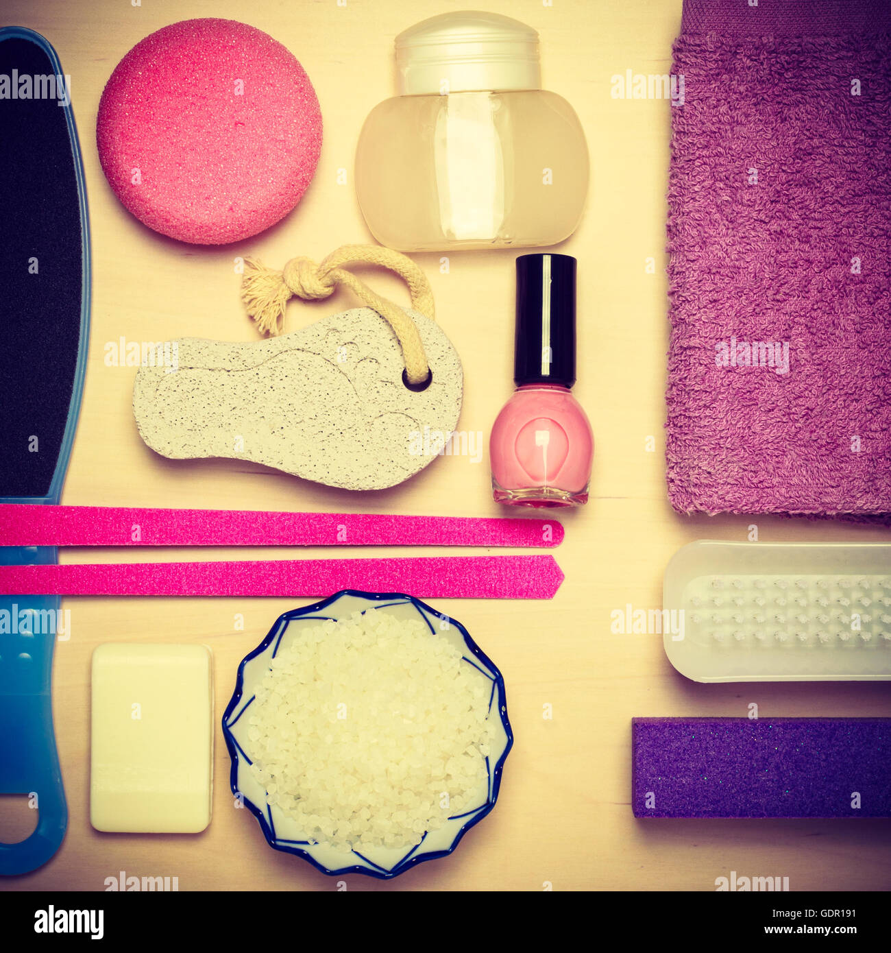 Foot care. Pedicure accessories set tools top view Stock Photo - Alamy