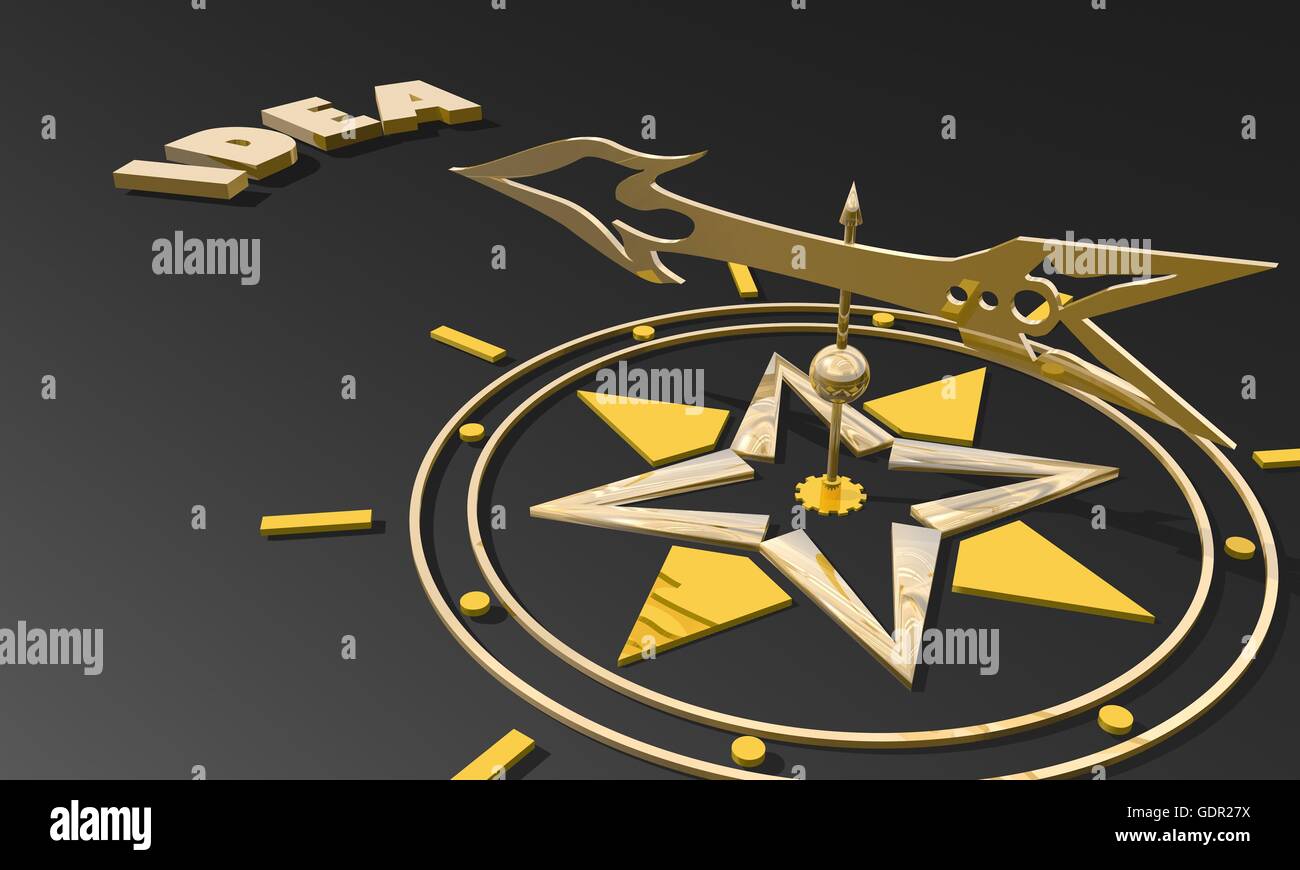 Golden arrow of a compass pointing to the word idea Stock Photo - Alamy