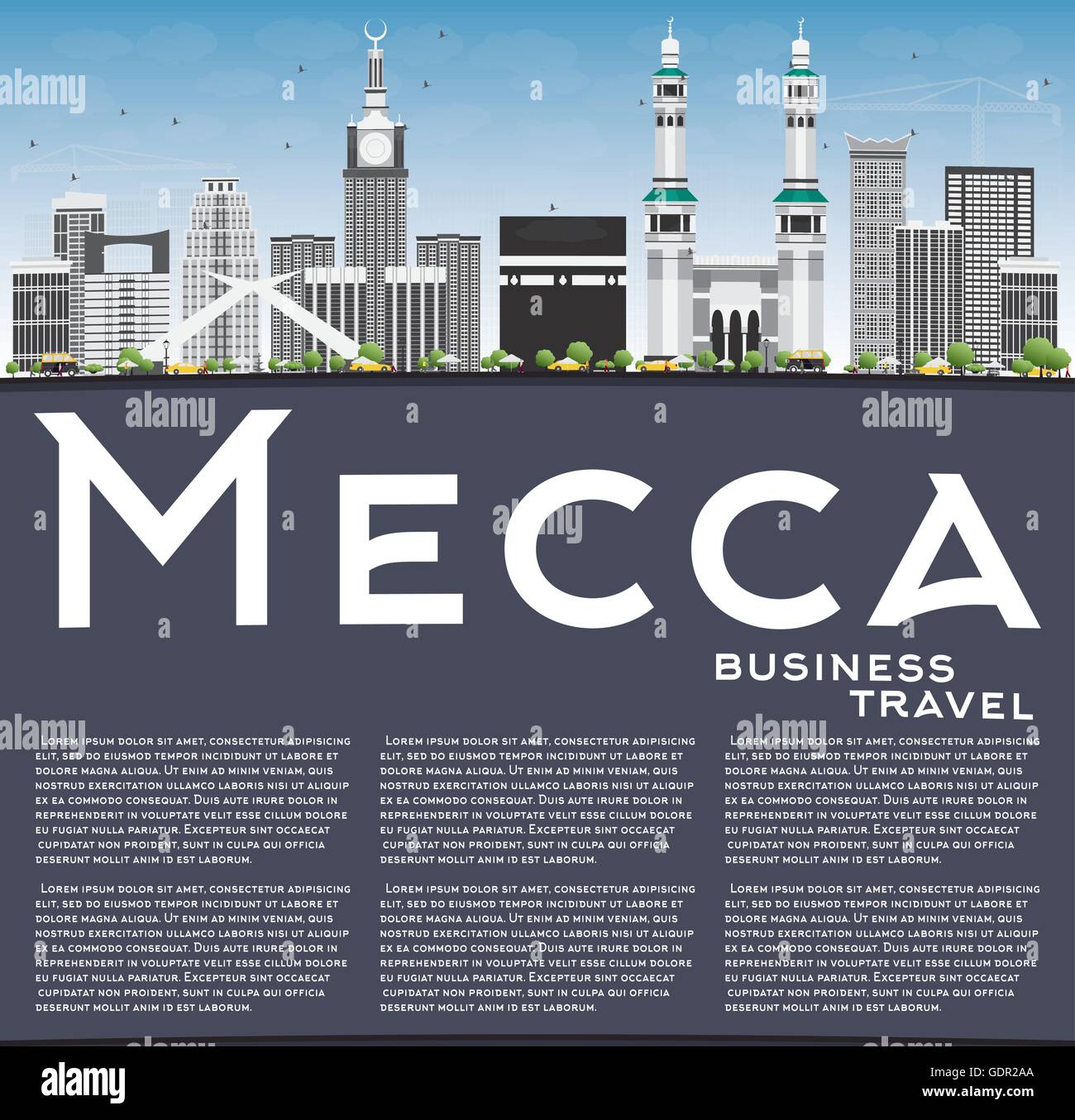 Mecca Skyline with Landmarks, Blue Sky and Reflection. Vector ...