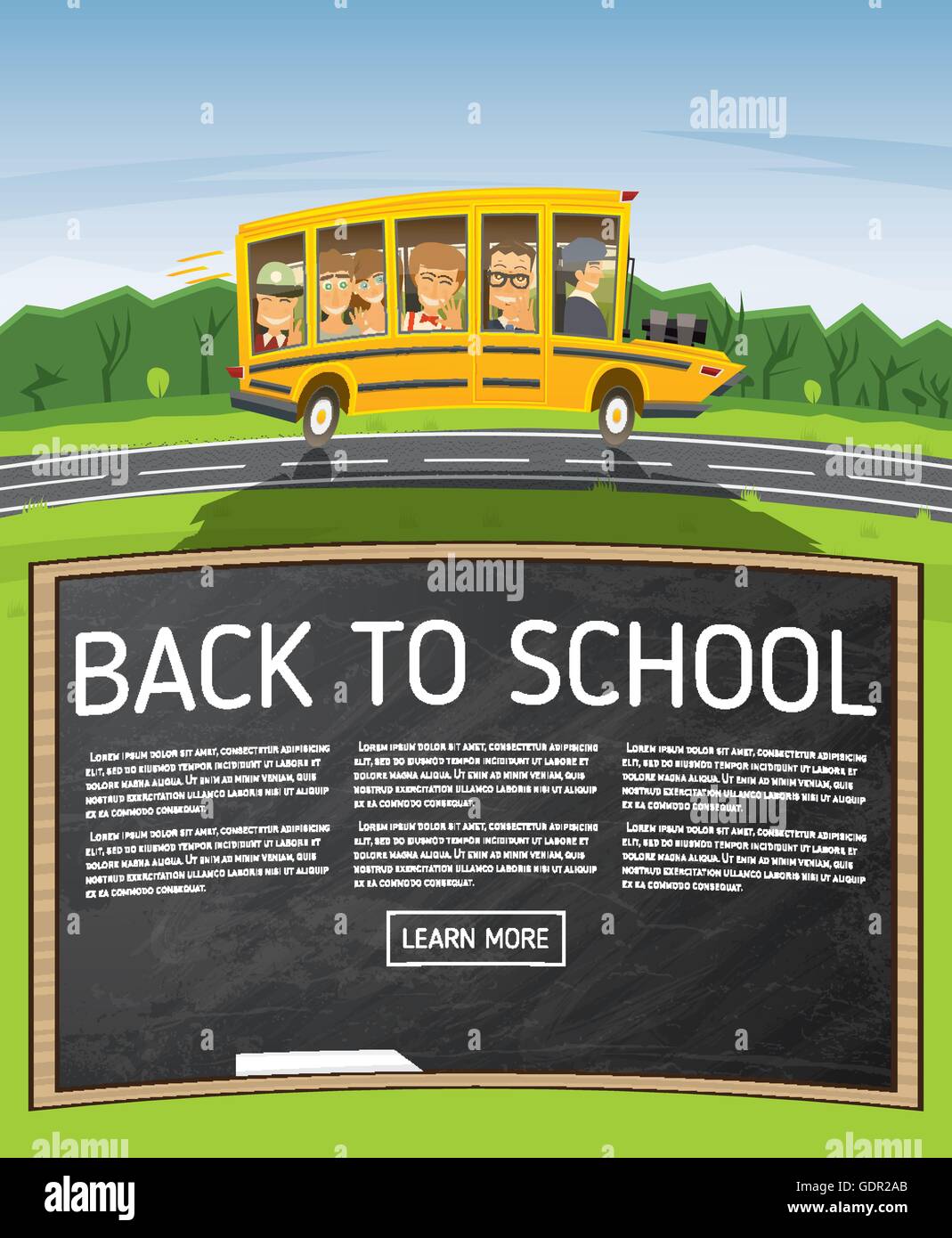 Back to School. Vector Illustration. Yellow School Bus in Cartoon Style ...