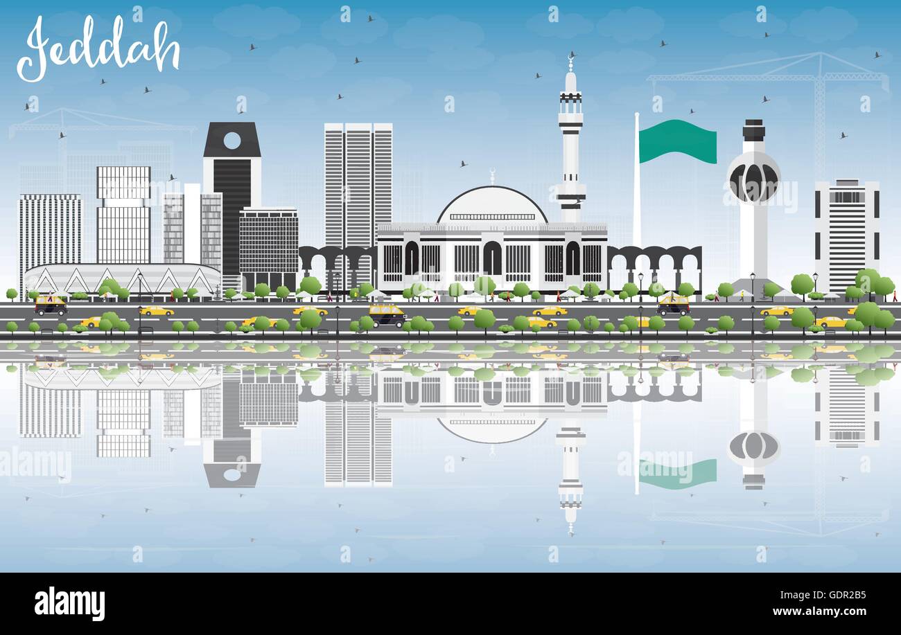 Jeddah Skyline with Gray Buildings, Blue Sky and Reflections. Vector ...