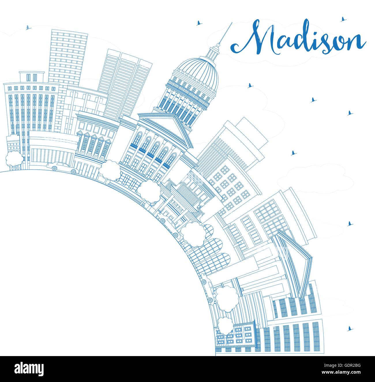 Outline Madison Skyline with Blue Buildings and Copy Space. Vector ...
