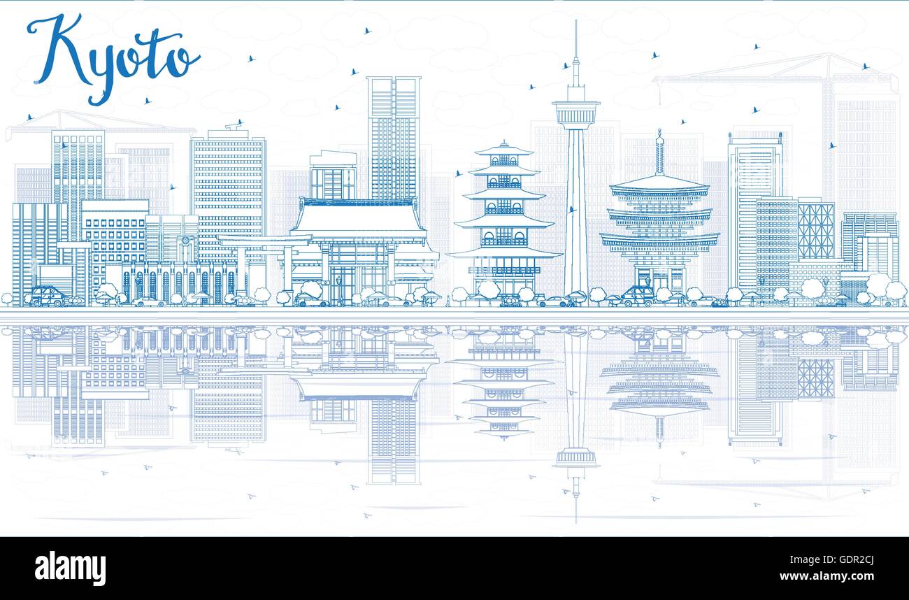 Outline Kyoto Skyline with Blue Landmarks and reflections. Vector ...