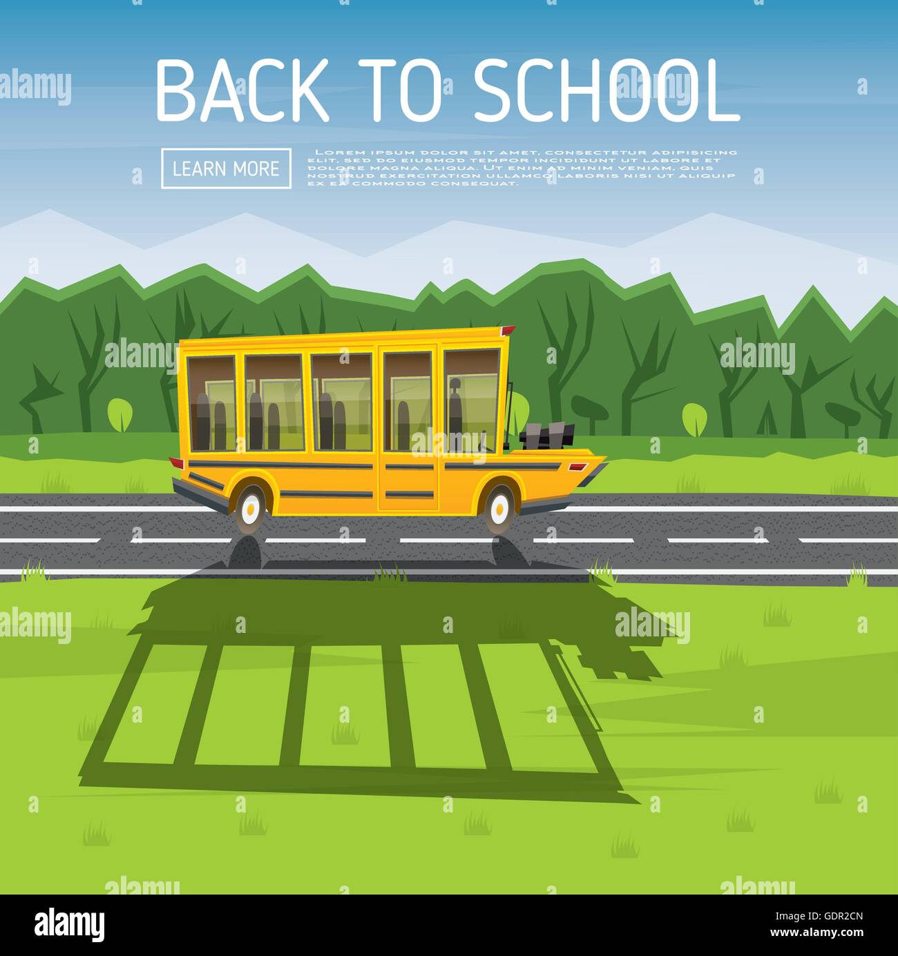 Yellow School Bus Driving Along Country Road. Vector Illustration. Back ...