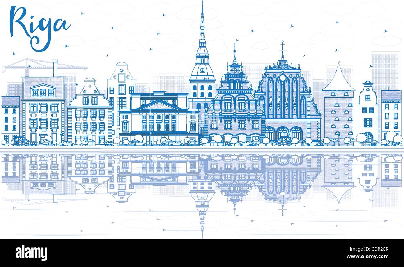 Outline Riga Skyline with Blue Landmarks and Reflections. Vector ...