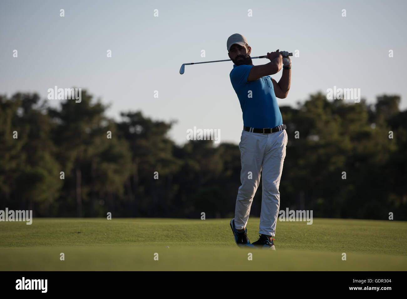 golfer hitting long shot with driver on course at beautiful sunset ...