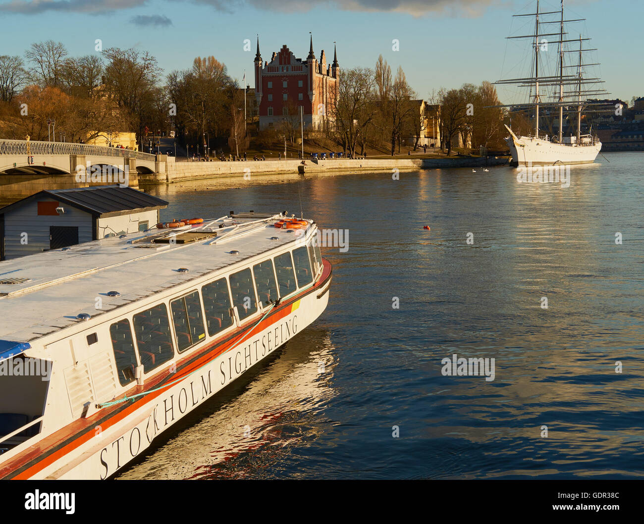 Sightseeing Tour Boat With Af Chapman Sailing Ship Now A Youth Hostel Moored Off Skeppsholmen