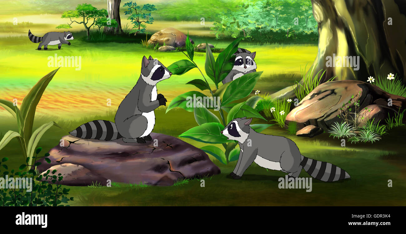 Raccoon's family in a spring forest. Digital painting cartoon style ...