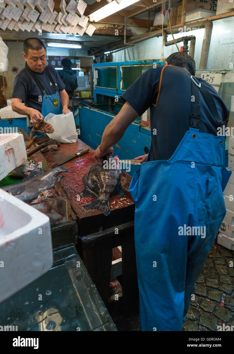 Vendor slicing fish at the tsukiji fish market, Kanto region, Tokyo ...