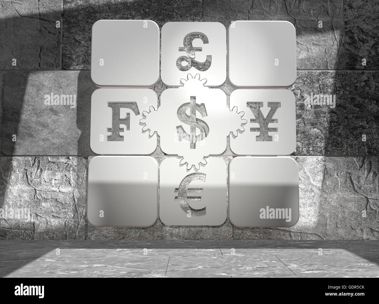Currency symbols in concrete room Stock Photo - Alamy