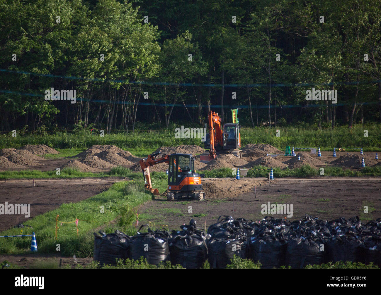 Bags of radioactive waste during radioactive decontamination process ...