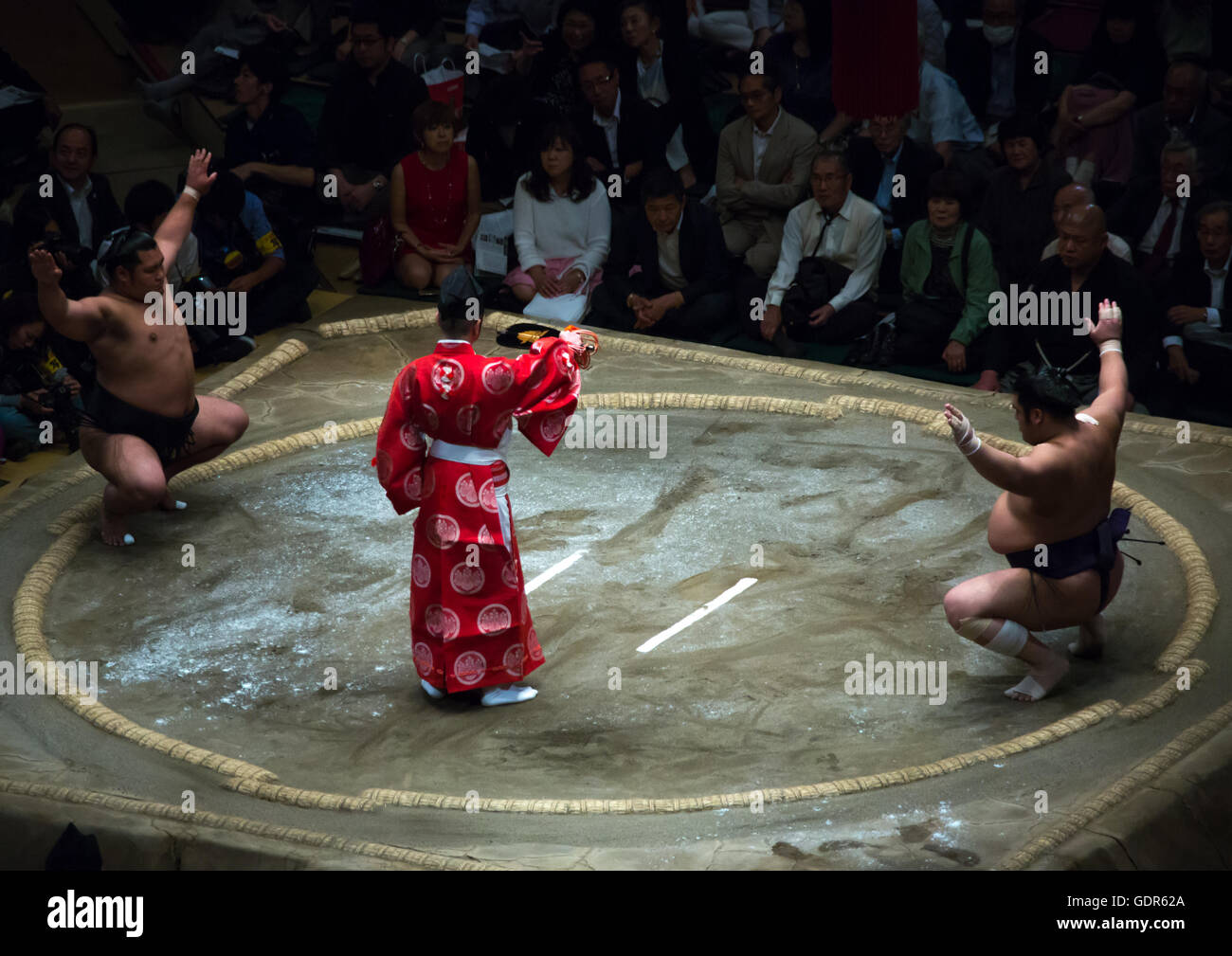 Sumo wrestlers before the fight in the ryogoku kokugikan sumo arena ...