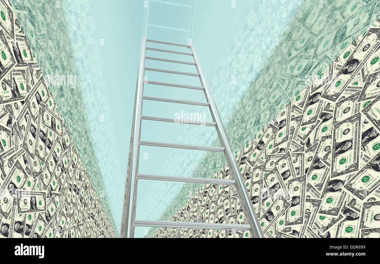 ladder under glass ceiling with walls of money, 3d illustration Stock ...