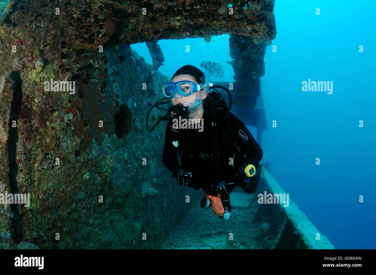 Female scuba diver inside the wreck of the SS Thistlegorm (British ...
