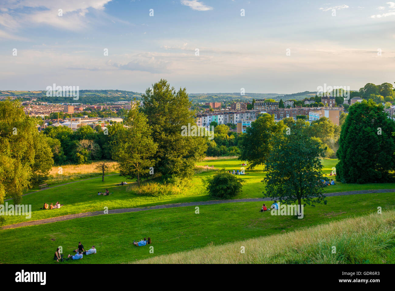 Brandon Hill parkland on a summer's evening in the city of Bristol ...
