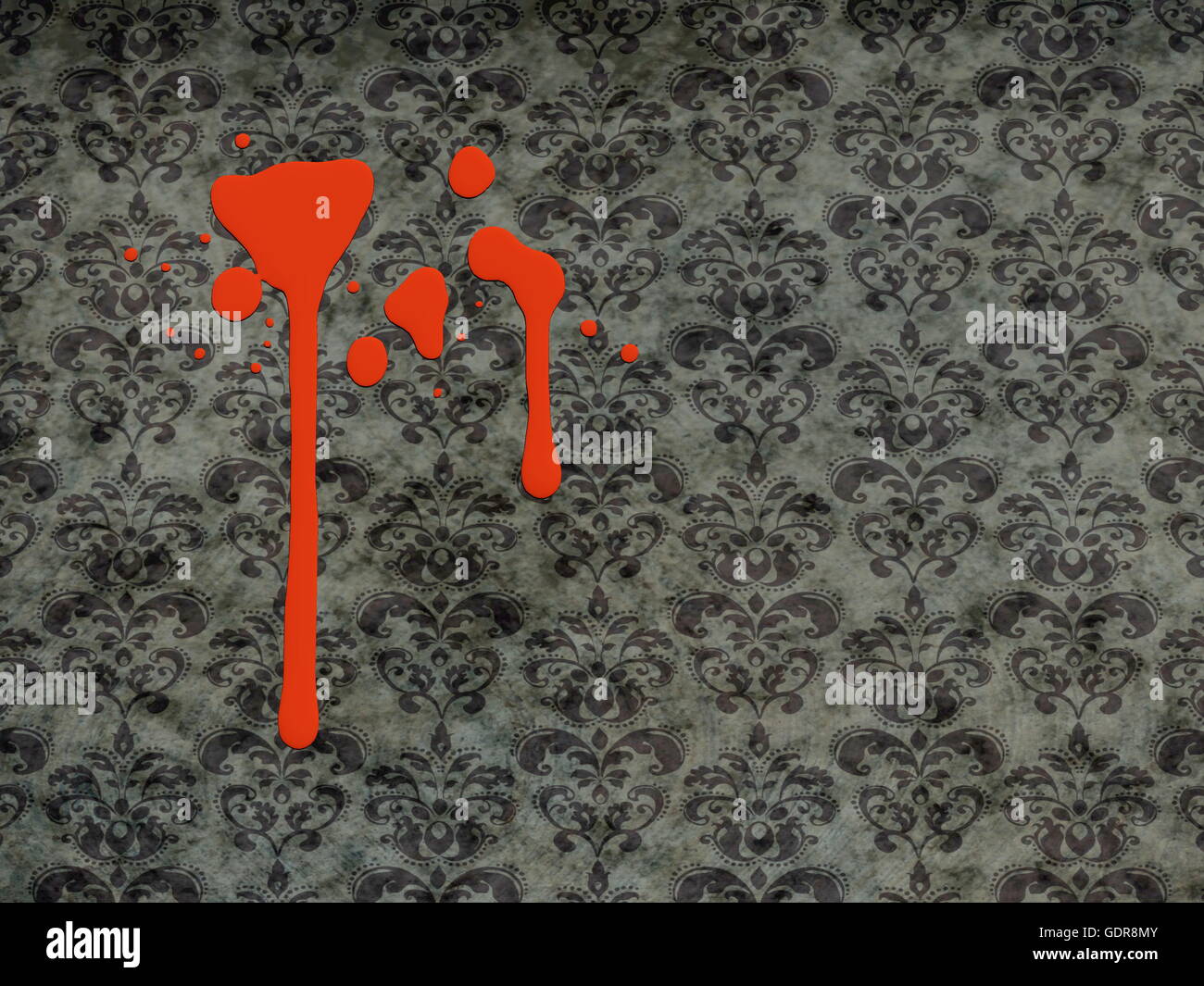 Red blood splash on dark black vintage wall - 3D render Stock Photo - Alamy
