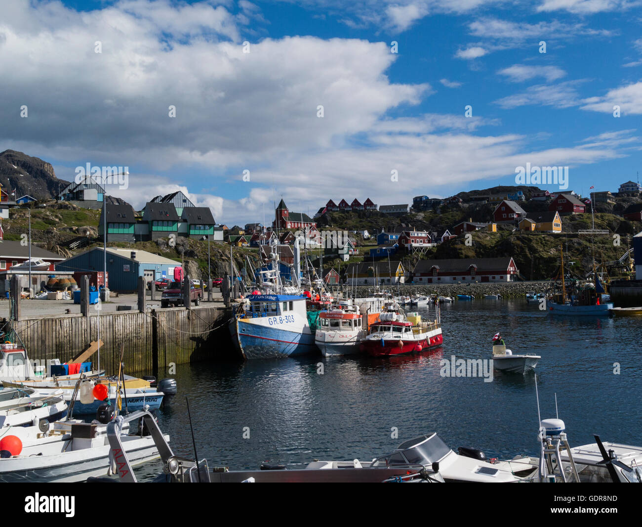 View of Sisimiut city from fishing harbour West Greenland capital and ...