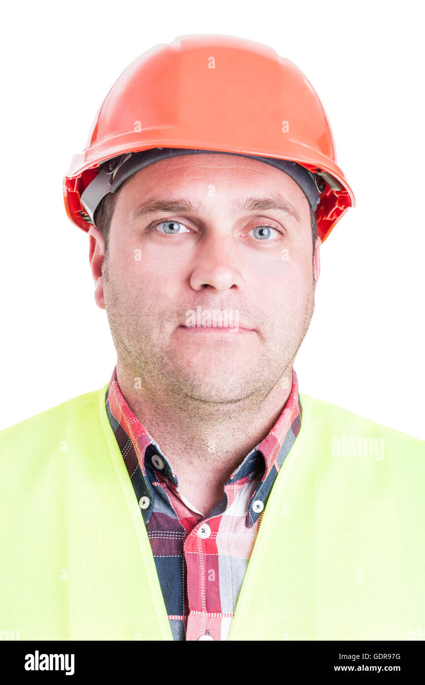 Portrait of serious builder or constructor in protection equipment ...