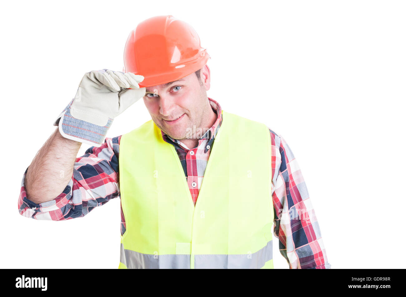 Greeting concept with handsome builder showing respect isolated on ...