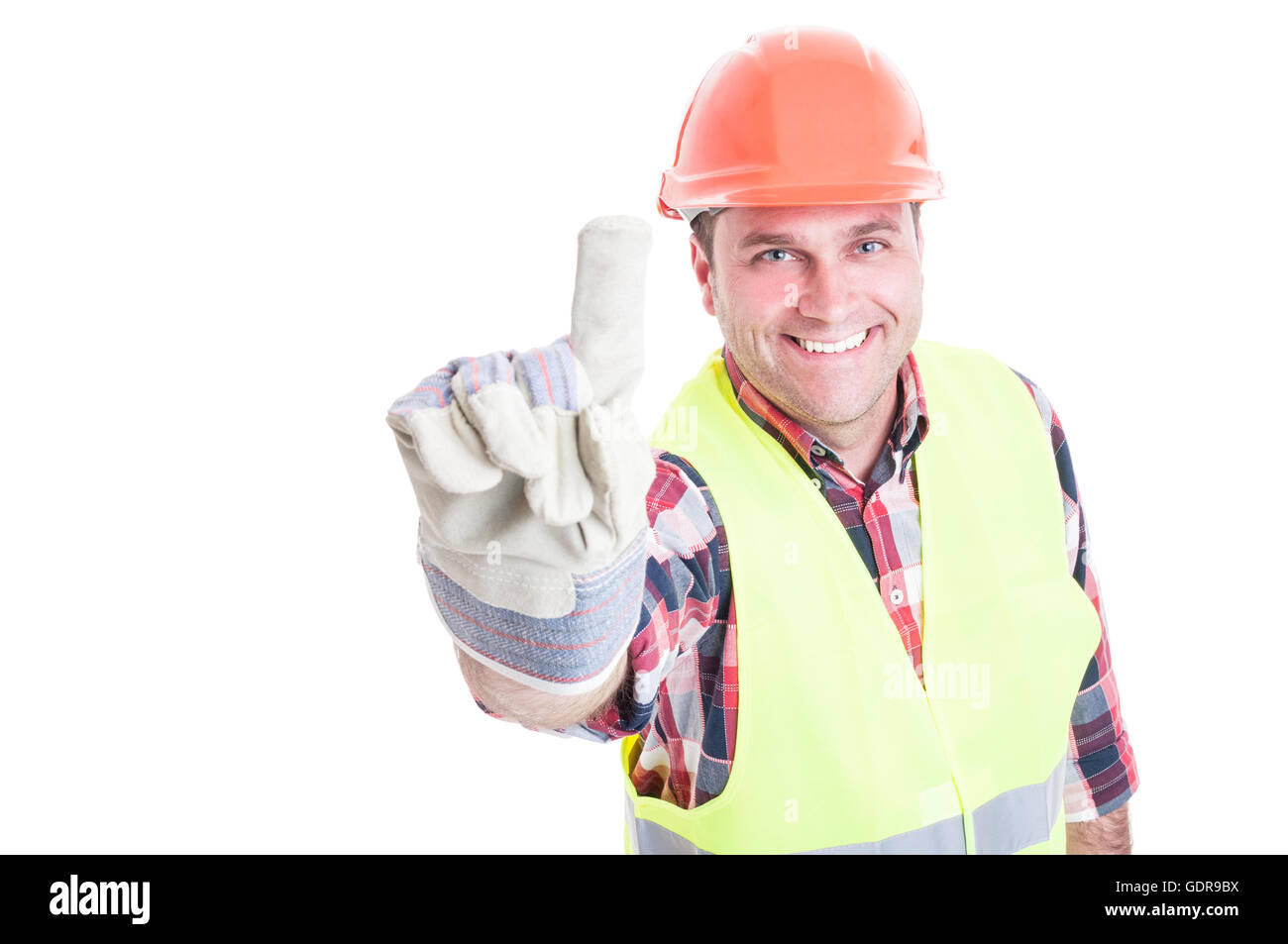 Happy constructor pointing finger or showing number one and smiling ...