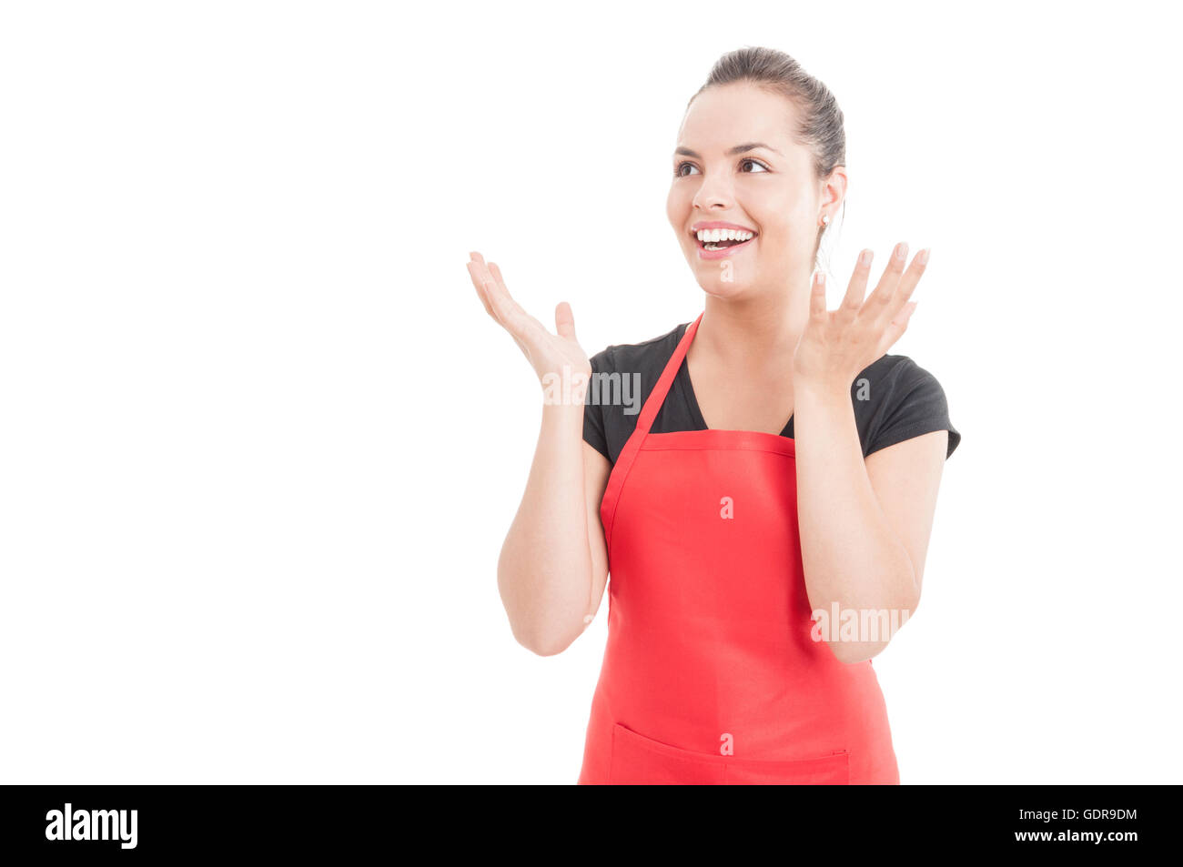 Excited female seller on market looking happy enjoying huge success ...