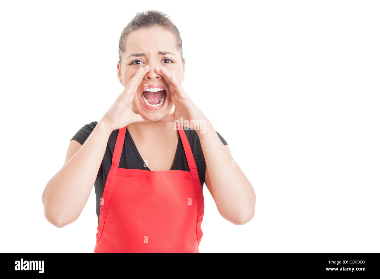 Angry hypermarket seller screaming as conflict concept isolated on ...