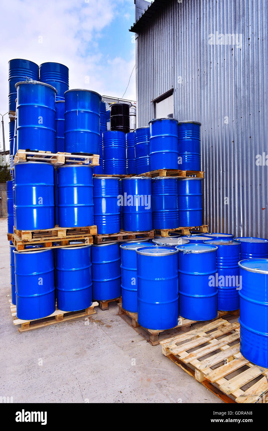 Blue metal fuel tanks of oil stored at the production site Stock Photo ...