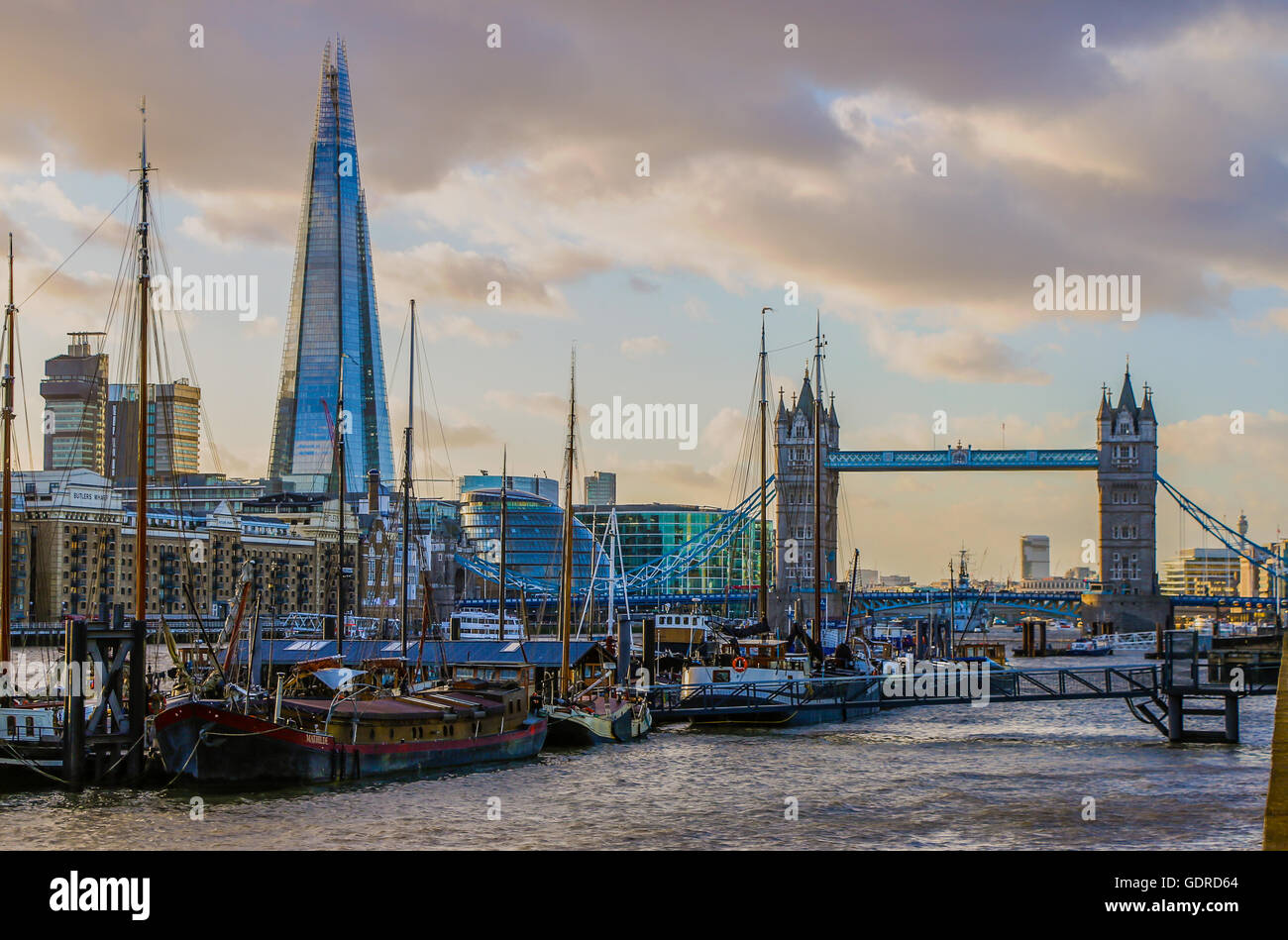 View of the London Bridge or Tower Bridge from the northern bank of the ...