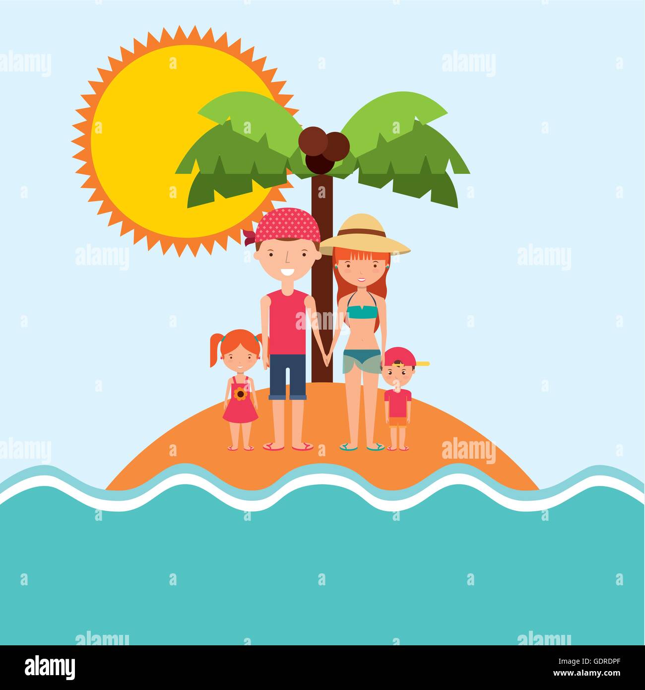 family cartoon island palm tree icon. Swimming and vacations. Ve Stock ...