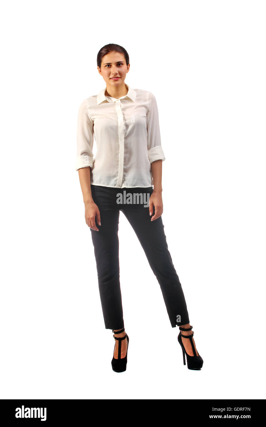 Pretty woman snaps in formal wear isolated on white Stock Photo - Alamy