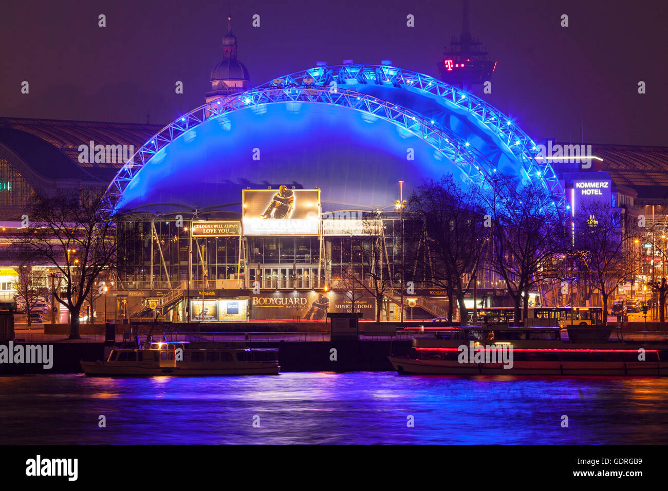 Lit Musical Dome by the Rhine at night, Cologne, North Rhine-Westphalia ...