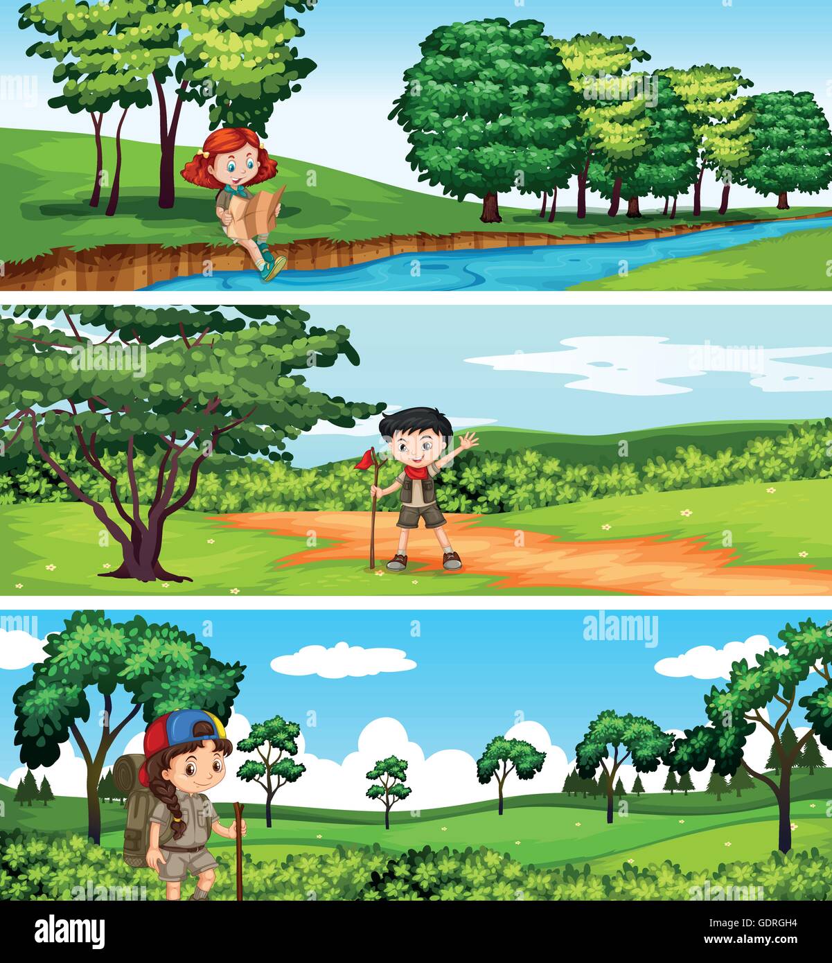 Children hiking in the park illustration Stock Vector Image & Art - Alamy
