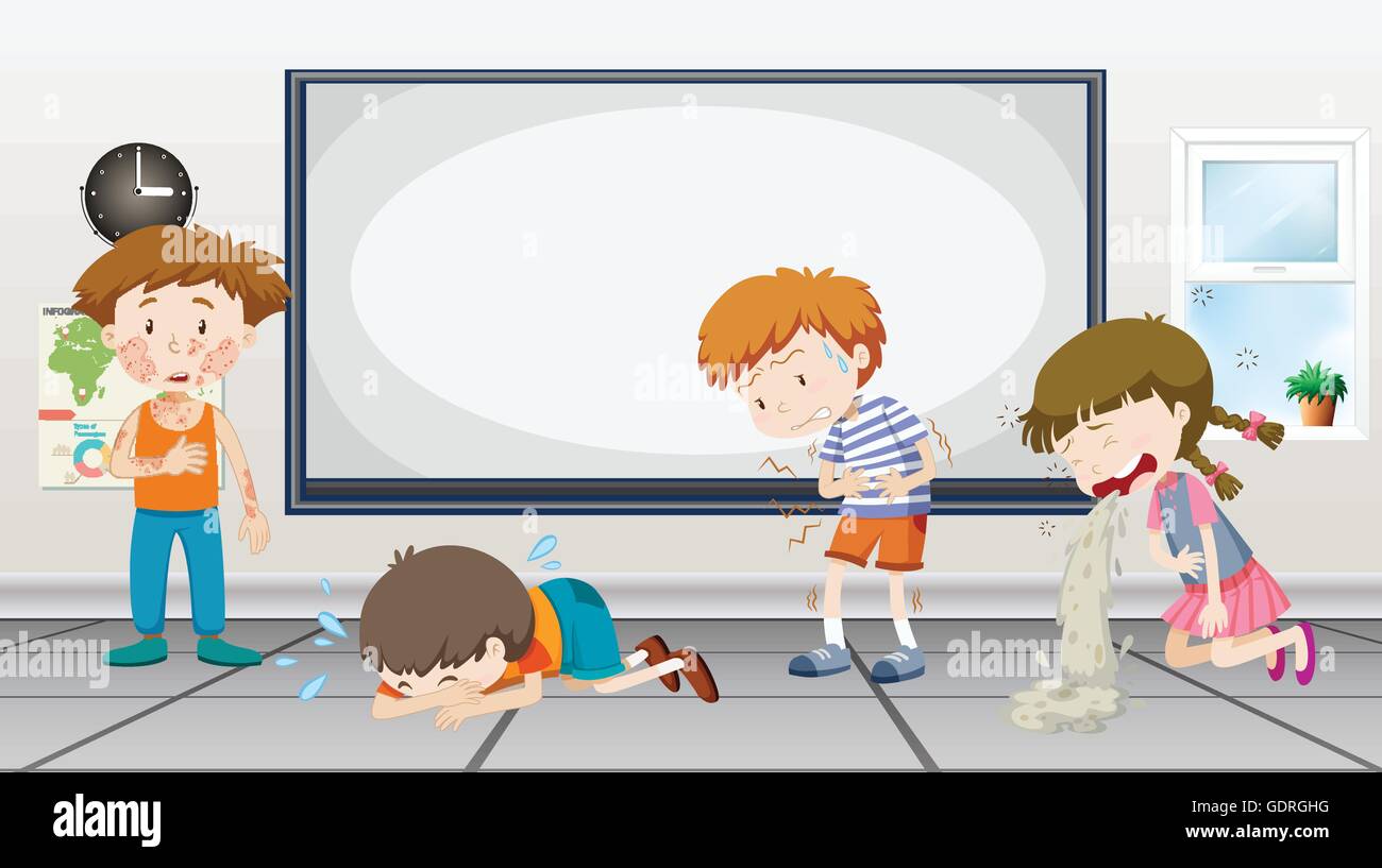 Boys and girls being sick in classroom illustration Stock Vector Image ...