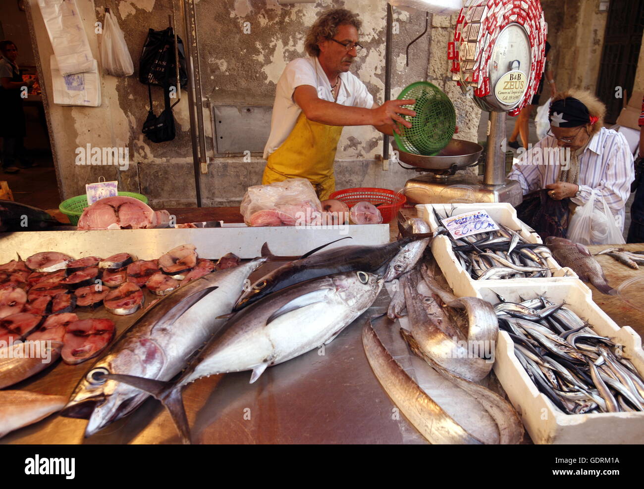 the fish market in the old Town of Siracusa in Sicily in south Italy in ...