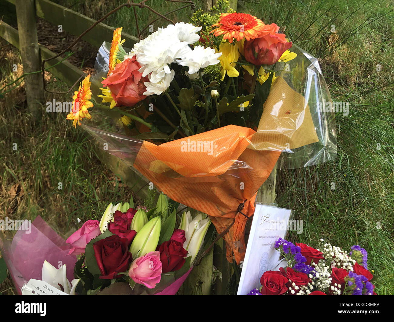 Tributes at the scene in Broadbottom, Greater Manchester, where a 16 ...