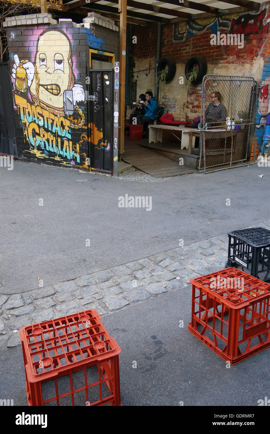 Milkcrate seating outside Toastface Grillah laneway cafe, Grand Lane ...