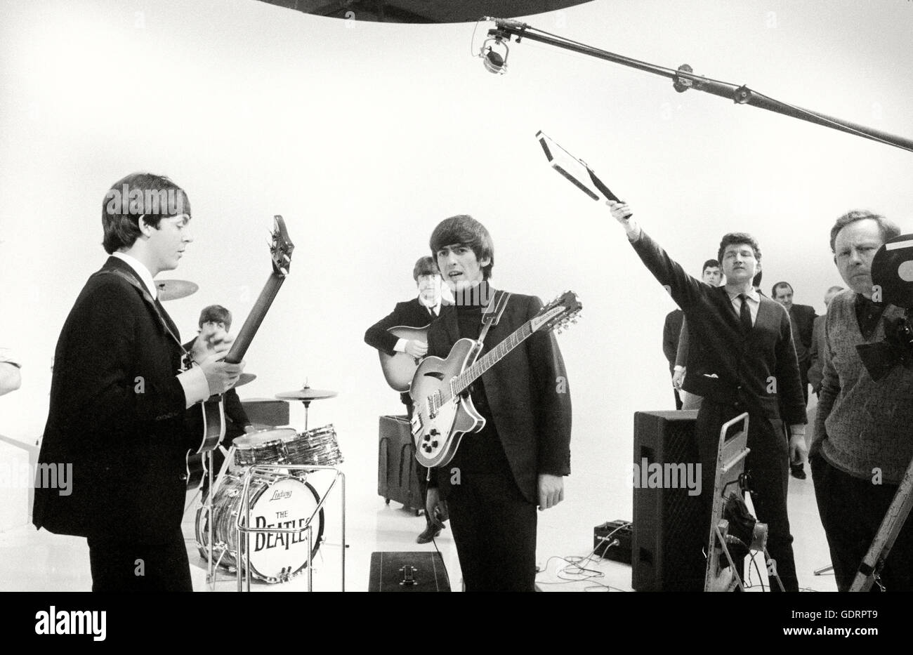 The Beatles on a set of a TV studio for A Hard Day's Night at La Scala ...