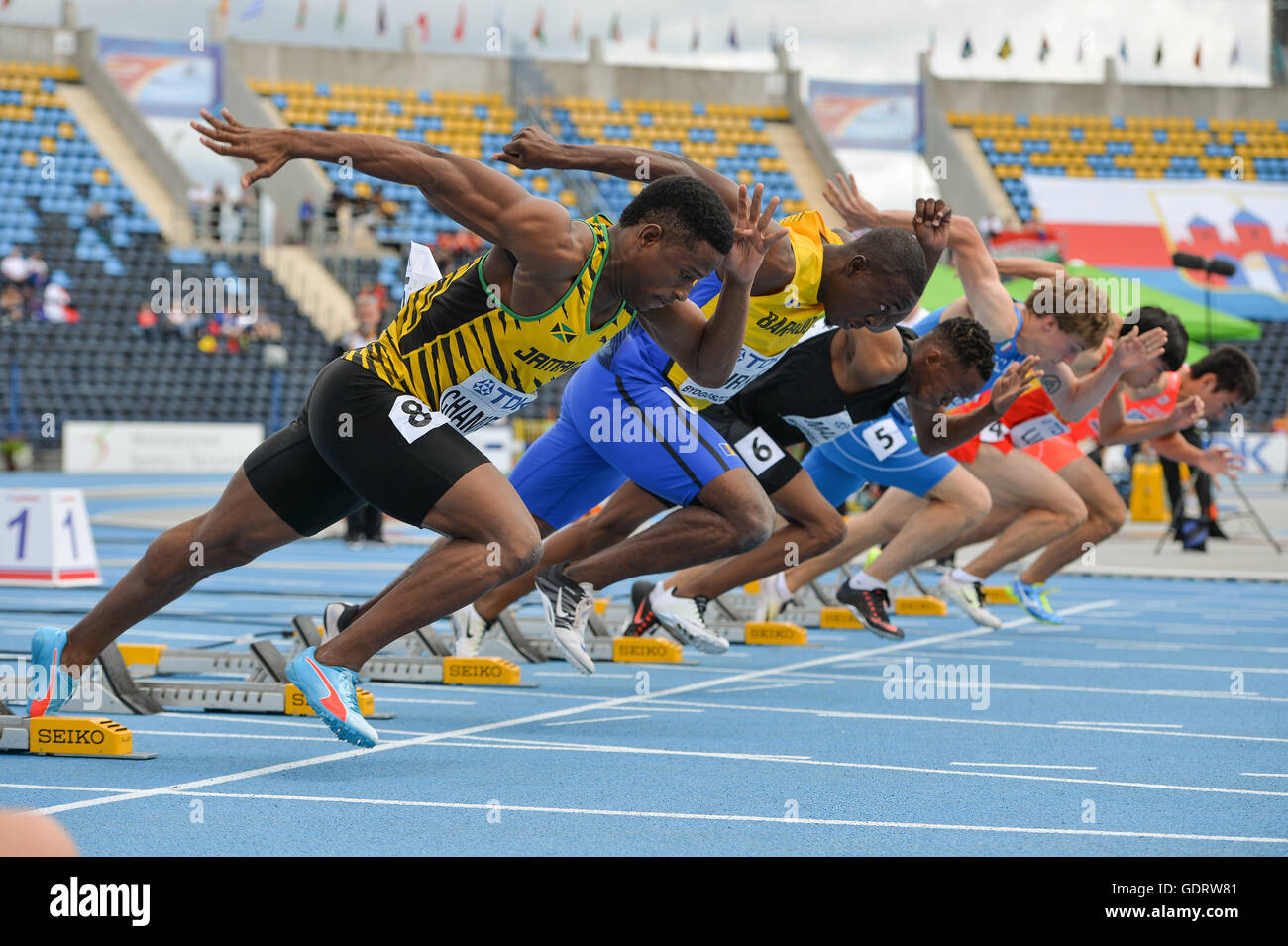 Bydgoszcz, Poland. 19th July, 2016. Raheem Chambers of Jamaica bursts ...