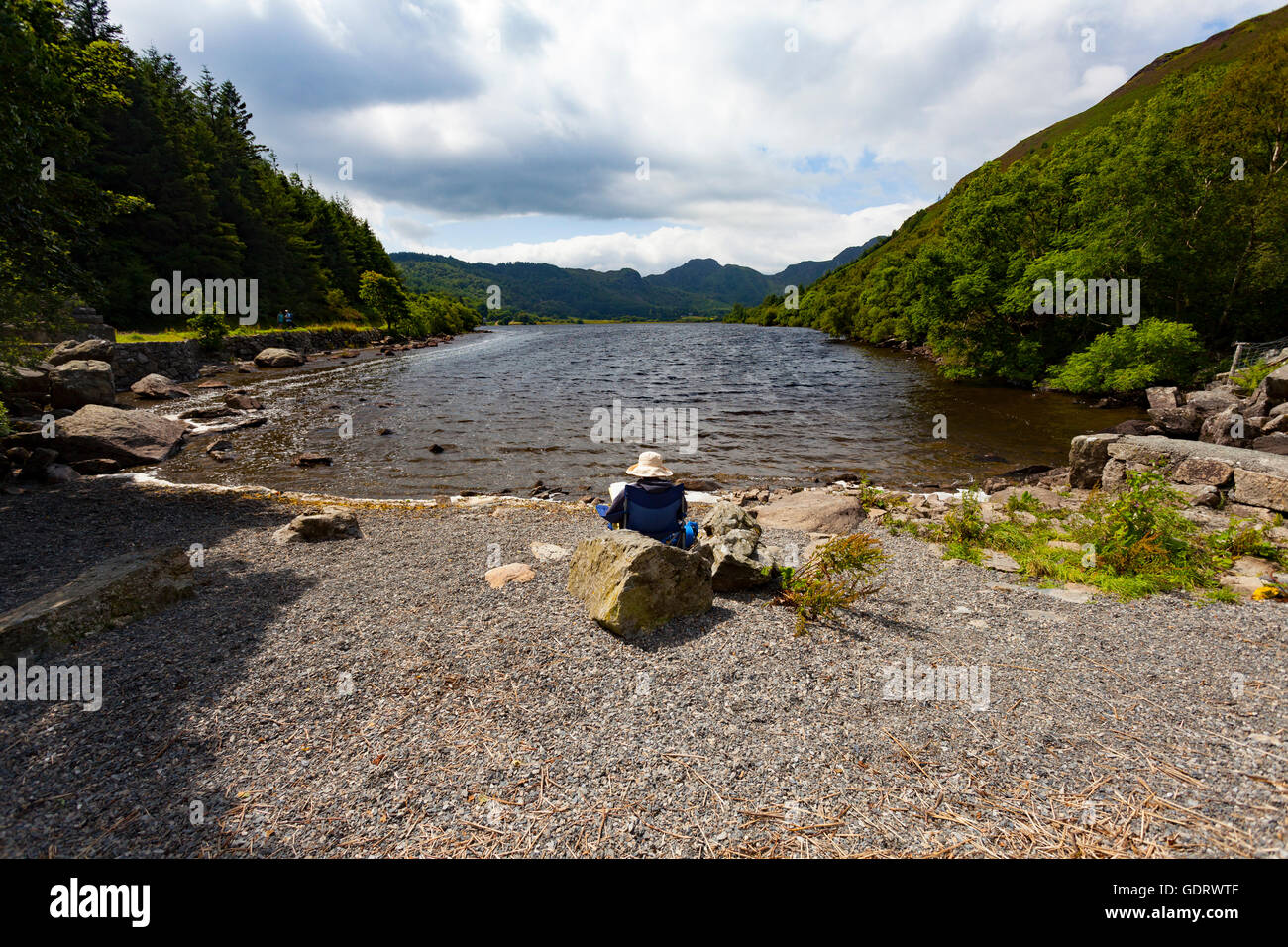 A person reading a book on the banks of Llyn Crafnant in the Conwy ...