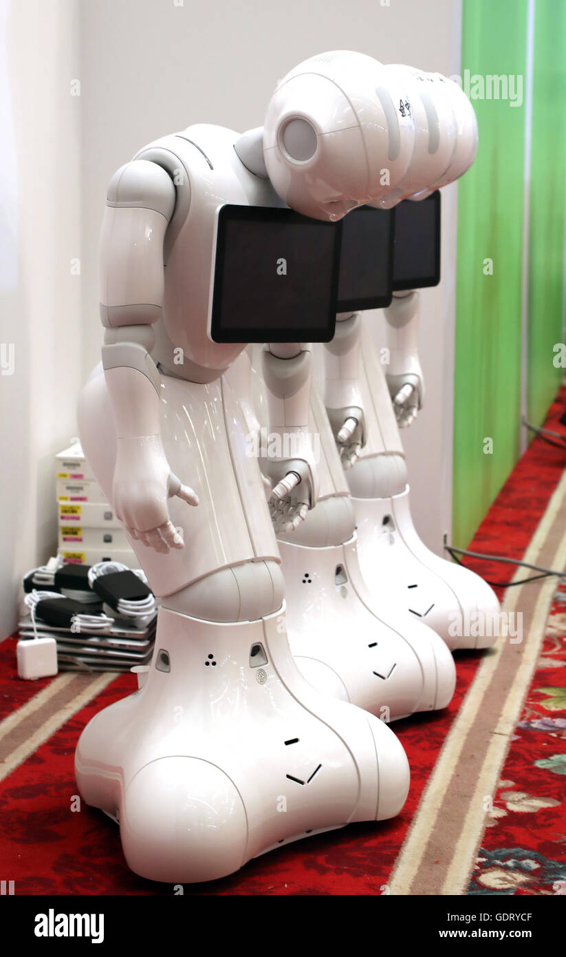 Tokyo, Japan. 20th July, 2016. Softbank's humanoid robot Peppers sleep ...